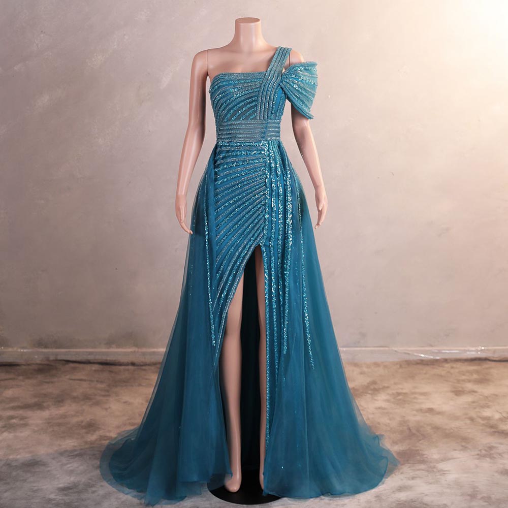 Sparkly Teal Maxi One Shoulder Formal Prom Evening Dress EN5811 – JoJo Shop